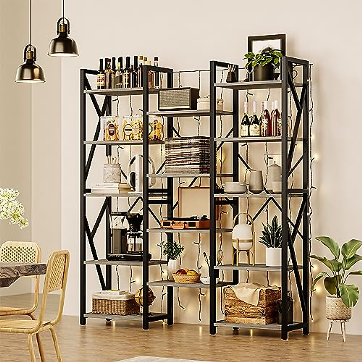IDEALHOUSE Triple Wide 5 Tier Book Shelf, Tall Bookshelf with Open Display Shelves, Industrial Large Bookshelves and Bookcases with Metal Frame for Living Room, Bedroom, Home Office-Grey