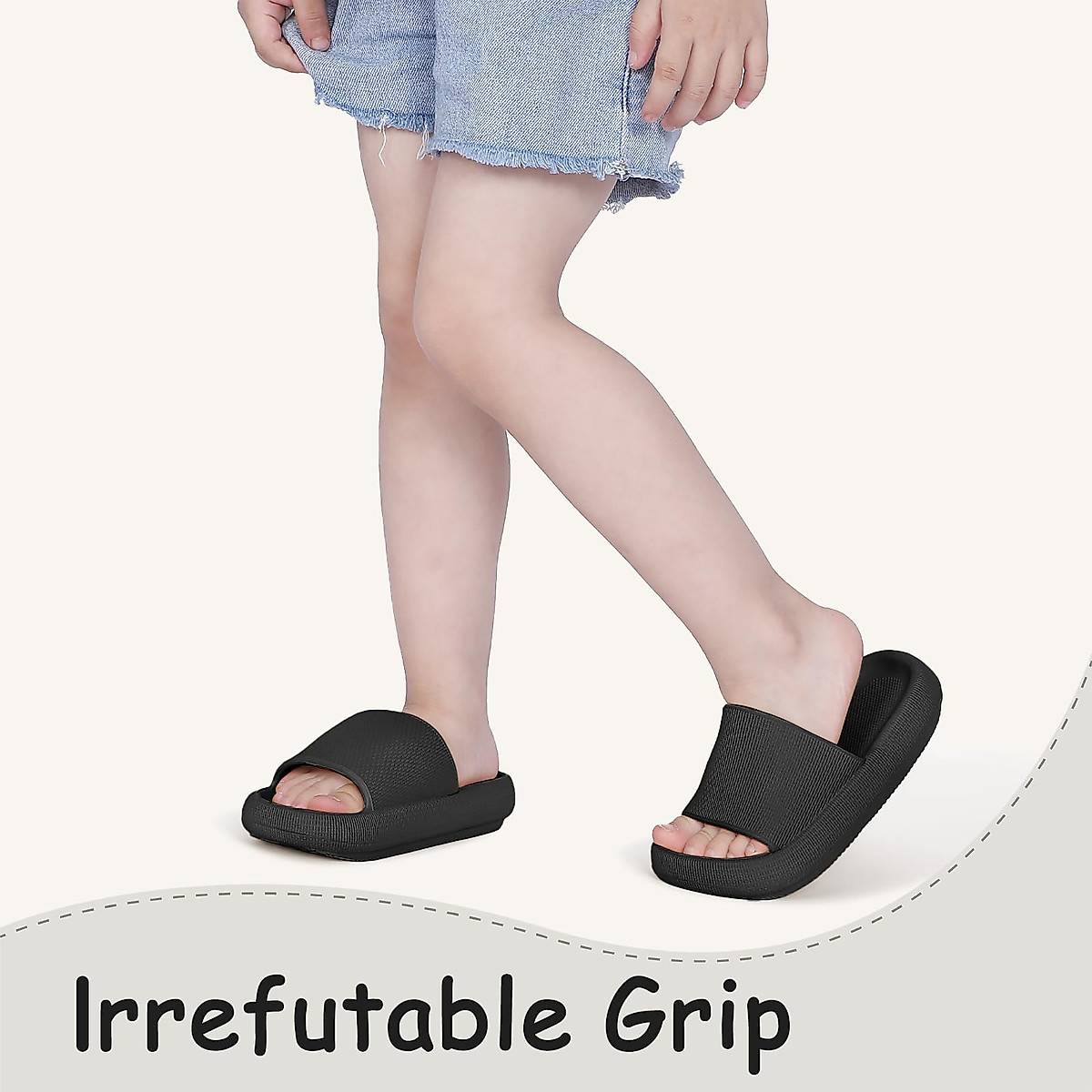 Menore Cloud Slides for Kids Shower Beach Slippers Boys Girls Bathroom Thick Sole Pillow Slippers Summer Non-Slip Pool Sandals（Black,11-11.5Little Kid）