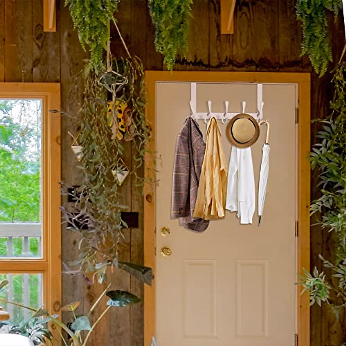 WEBI Over The Door Hook Door Hanger Hook Rack with 5 Tri Hooks for Hanging Coats, Over The Door Towel Rack Towel Hanger Door Coat Hanger Over Door Coat Rack for Bathroom,Behind Back of Door,White