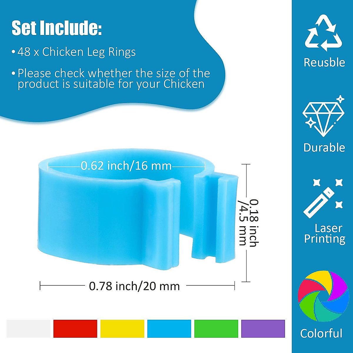 48 Pieces 16 mm Medium Chicken Leg Rings Multiple Colour Chicken Identification Leg Bands Numbered Clip on Leg Rings for Gamefowl Turkey Duck Goose Guinea Fit 1/2 to 5/8 Inch Legs