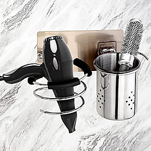 Hair Dryer Holder Wall Mount, LIOUCBD Blow Dryer Holder with Cup, Nail Free Hair Tools Organizer, Stainless Steel Bathroom Storage Set for Comb Makeup Brushes