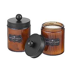 INIUNIK Amber Glass Qtip Holder, 2 Pack Apothecary Jars with Lids Cotton Ball Holder Cotton Round Swab Pad Holder, Bathroom Jars Counter Storage Jars Containers for Restroom Bathroom Organizer, Amber