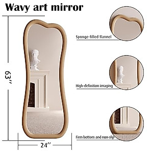 BOJOY Full Length Mirror, 63" x 24" Wall Mirror, Flannel Wrapped Wooden Frame Floor Mirror, Irregular Wavy Mirror Hanging or Leaning Against Wall for Cloakroom/Bedroom/Living Room, Milk Tea