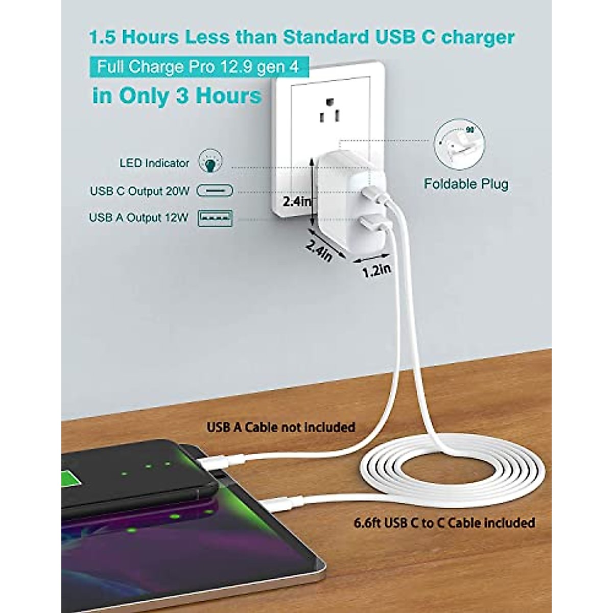 32W 2 Port with 20W USB C Fast Charger Compatible with iPad Pro 12.9 Gen 5/4/3 2021/2020/2018, Pro 11 Gen 3/2/1, New Mini 6, Air 4, Pixel 5 4 3 2 XL 3/4A 2/3/4XL，6.6ft 3A USB C to C Cord