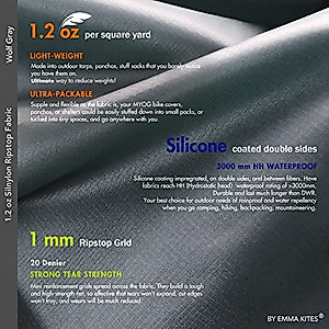 emma kites Wolf Gray 20D Ripstop Nylon Fabric Waterproof 1.2 oz Silnylon Silicone Coating Ultralight Tear Resistant for Tarp Tent Poncho Rainfly Pack Cover Stuff Gear Sack Pre-Cut 1 Yard (60"x36")