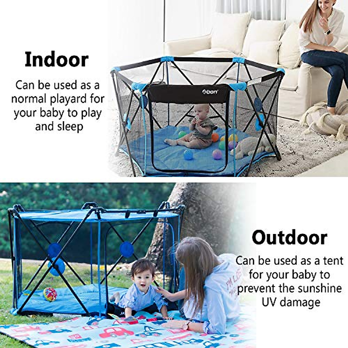 Abon Portable 6 Panel Play Pen Playard for Infants and Babies Indoor and Outdoor, Lightweight Mesh Toddler Hexagon Fence Play Area Washable,Foldable 53" Wx 30" H(Blue)…