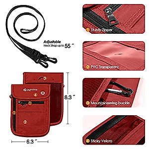 OMYSTYLE Travel Neck Pouch, RFID Passport Holder with Adjustable Neck Strap, Waterproof Neck Wallet for Men & Women to Keep Cash, Credit Cards and Documents Safe, Red