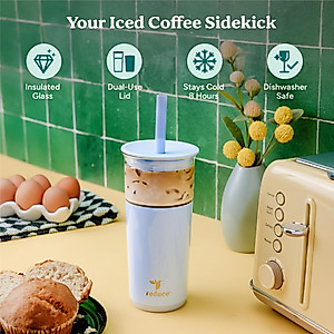 REDUCE Aspen 20 oz Vacuum Insulated Glass Tumbler with Lid & Extra Wide Straw - Keeps Drinks Cold for 12 Hrs - Ideal for Iced Coffee, Smoothies & Boba - Dishwasher Safe, Soft Base - Glacier