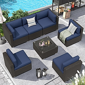 Incbruce 7-Piece Patio Furniture Set, PE Black Brown Wicker Rattan Outdoor Sectional Couch, Patio Conversation Set with Glass Table (Dark Blue)