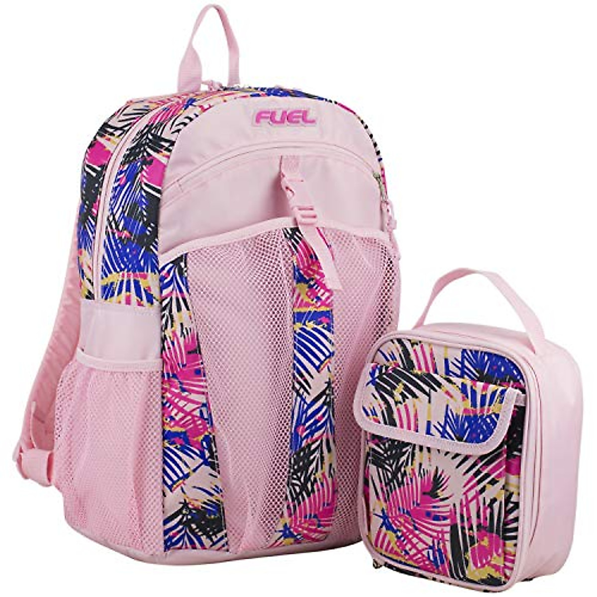 FUEL Backpack with Lunch Box Combo – 18.5” Two Compartment Water Resistant Durable Adjustable Straps with Side Water Bottle Pockets 2 in 1 Set – Tropical Palm Print