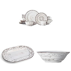 Pfaltzgraff Trellis White 16-Piece Dinnerware Set, Service for 4, Distressed White & Pfaltzgraff Trellis Serving Platter, 13.75 inch, White & Pfaltzgraff Trellis, Serve Bowl, 9", White