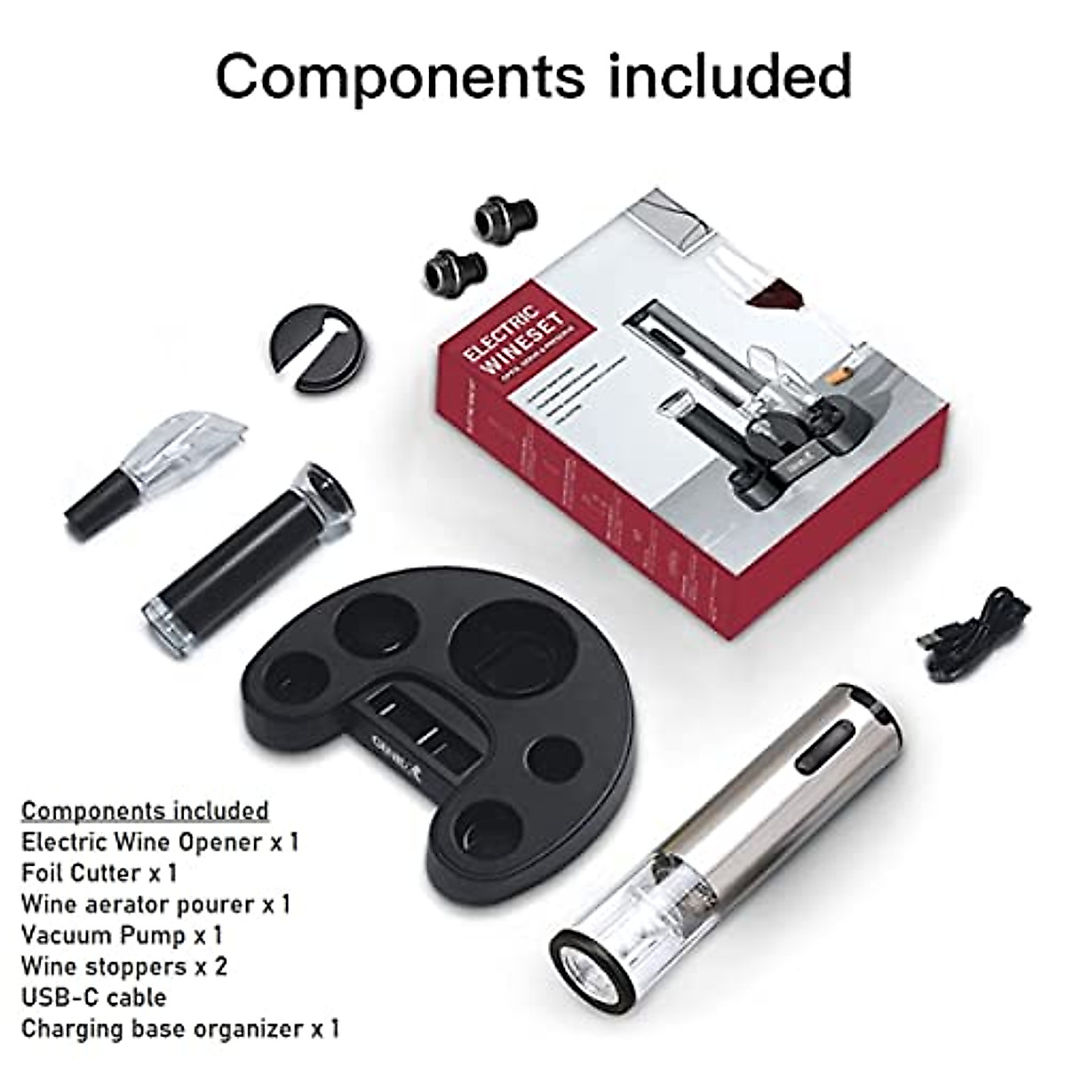 GenieX Electric Wine Opener with charging base, Automatic Wine Opener Electric Corkscrew. 7-in-1 wine accessories, USB-C charging, Cool Kitchen Gadgets, Deluxe gifts for wine lovers, housewarming gift