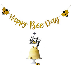 Happy Bee Day Banner and Gold Glitter Happy Bee Day Cake Topper for Bumble Bee Themed Birthday Party Supplies by Topfun