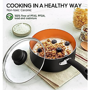 Michelangelo Nonstick Sauce Pan With Lid, 1QT&2QT Ceramic Saucepan, Copper Saucepans,PFAS-FREE Pot Set,Small Pots For Cooking,Multipurpose Cooking Pots Set For Home Kitchen,Dishwasher Safe