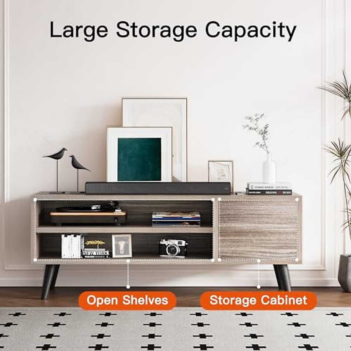 Retro TV Stand with Storage Cabinet for TVs up to 55 inch, TV Console for Media, Mid Century Modern TV Stand & Entertainment Center, Grey Wooden TV Stand for Living Room/Bedroom, Grey Wash, APRTS01G