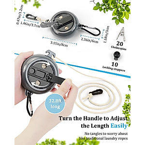 Portable Travel Clothesline, 32.8ft Retractable Clothesline, Camping Clothes Line with 20 Clothespins & 10 Stoppers, Clothes Lines for Hanging Clothes Outside, Indoor or Outdoor (Grey-Black)