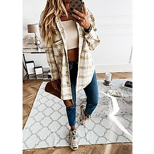 PRETTYGARDEN Women's Fall Clothes Plaid Shacket Jacket Trendy Casual Long Sleeve Button Down Flannel Shirts Fashion Blouse(Plaid Khaki,Medium)