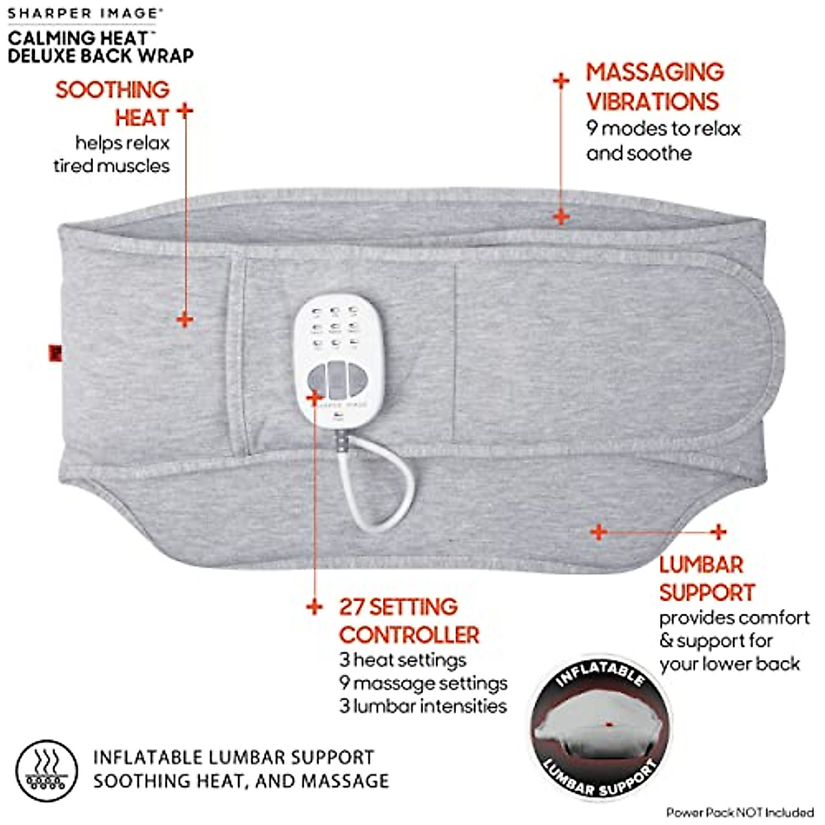 Calming Heat Back Wrap Deluxe by Sharper Image- Electric Back Heating Pad with Customizable Inflatable Lumbar Support, Soothing Heat, & Massaging Vibrations- 27 Settings 3 Heat, 9 Vibration, 3 Lumbar