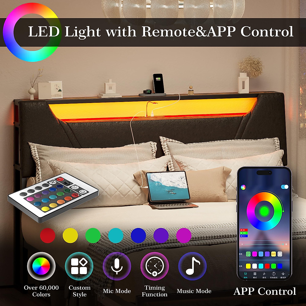 IRONCK Queen Bed Frame with Drawers, Ergonomic Storage Headboard with Charging Station, LED Light, Solid and Stable, No Box Spring Needed