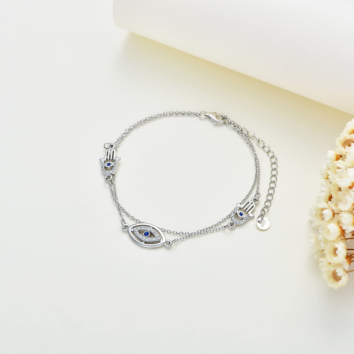 VONALA Sterling Silver Bracelets Claddagh/Celtic Knot/Cross/Evil Eye/Butterfly/Ladybug/Paw Print/Heart/Flower/Stethoscope Charm Link Chain Layered Bracelet Jewelry Gifts for Women (Evil Eye)