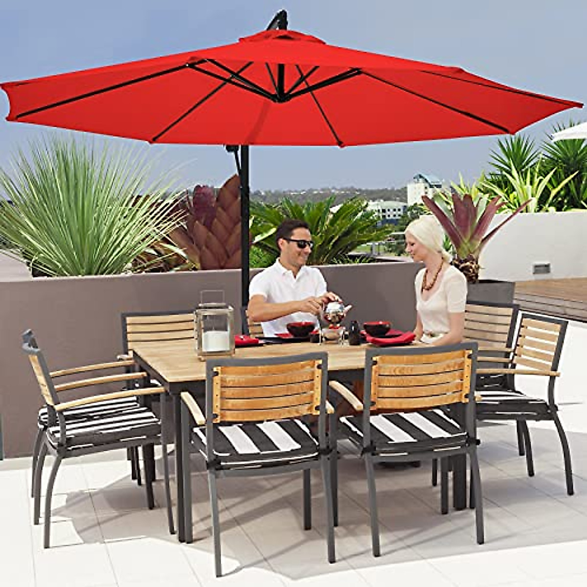 Nuu Garden 10ft Offset Patio Umbrella Outdoor Market Cantilever Umbrella, Easy Tilt Adjustment UV Protection 8 Ribs Sunbrella for Backyard, Poolside, Lawn and Garden, Red