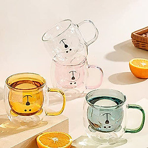 Cute Bear Mugs Set of 2 Cute Bear Tea Cup 8.5 oz Double Wall Glass Milk Coffee Bear Mug with Handle Insulated Espresso Beer Cup Cute Birthday Gifts for Women Men (2 Pack, Pink Lake Green)