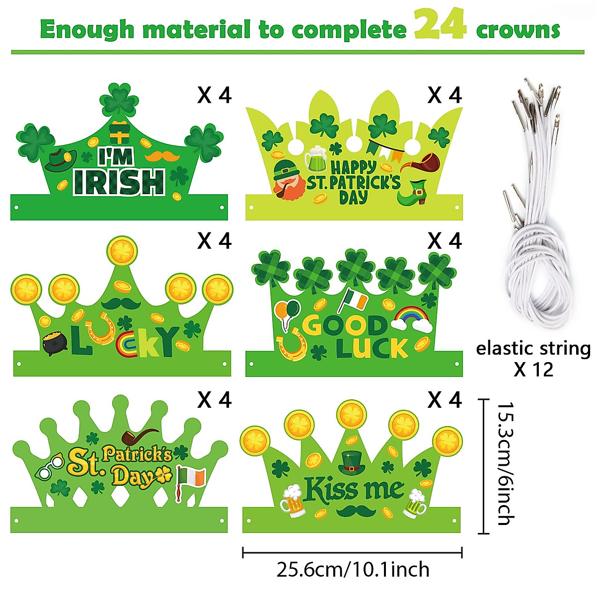 24 Sets of St. Patrick's Day Crown Crafts Kit for Kids St. Patricks Day DIY for Irish Party Shamrock Clover Paper Hat Decorations Saint Patrick's Day Classroom Supplies Favors