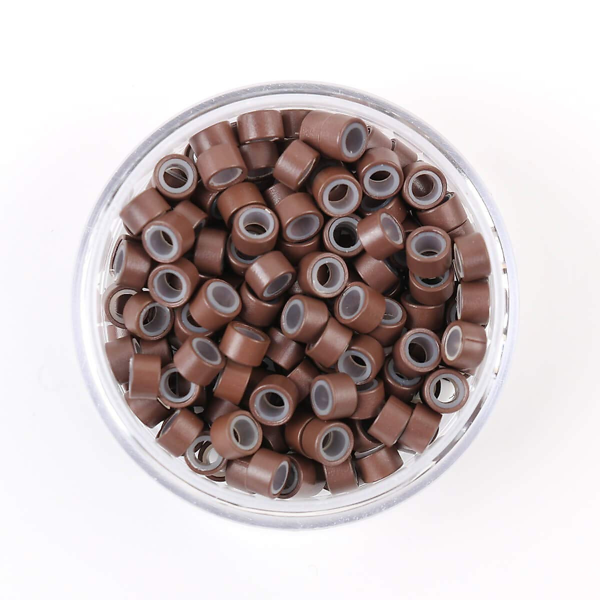 200Pcs Beads Silicone Aluminium Micro Nano Rings 5.0x3.0x3.0 mm Lined For I Tip/Nano Hair Extensions Tool Beads (Brown Color)