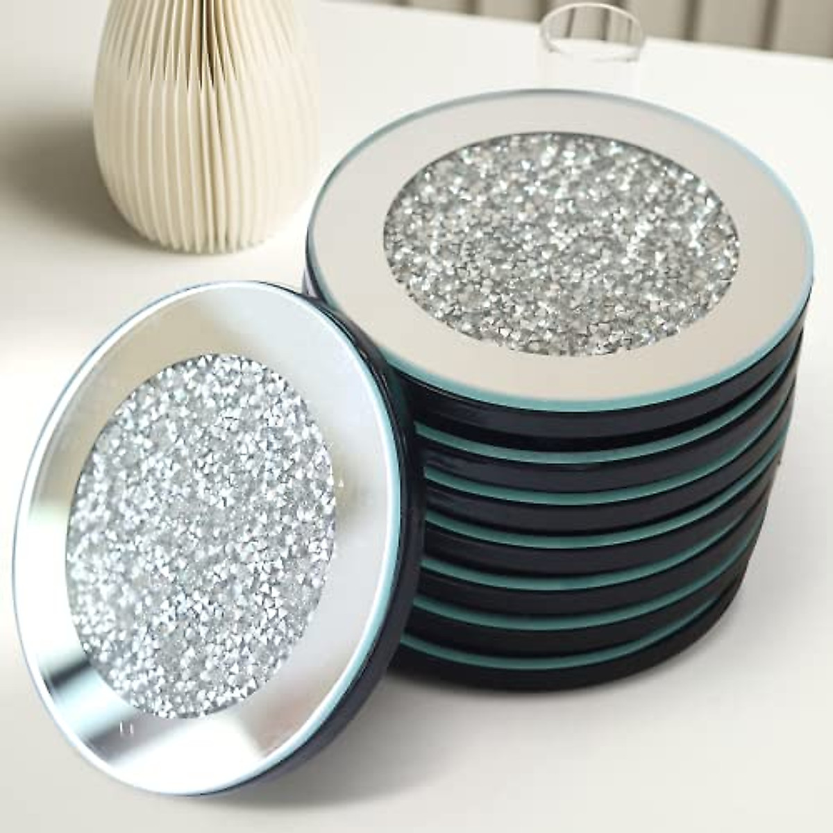LXARTZJ Glass Mirrored Coaster Set of 8 Diamond Crystal Coasters Silver Cup Mat for Restaurant Kitchen bar Dining Table