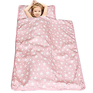 Moonsea Toddler Nap Mat Pink, Removable Pillow and Fleece Minky Blanket, Lightweight and Soft Perfect for Kids Preschool, Daycare, Travel Sleeping Bag for Girls, 21" x 50" Fit on a Standard Cot