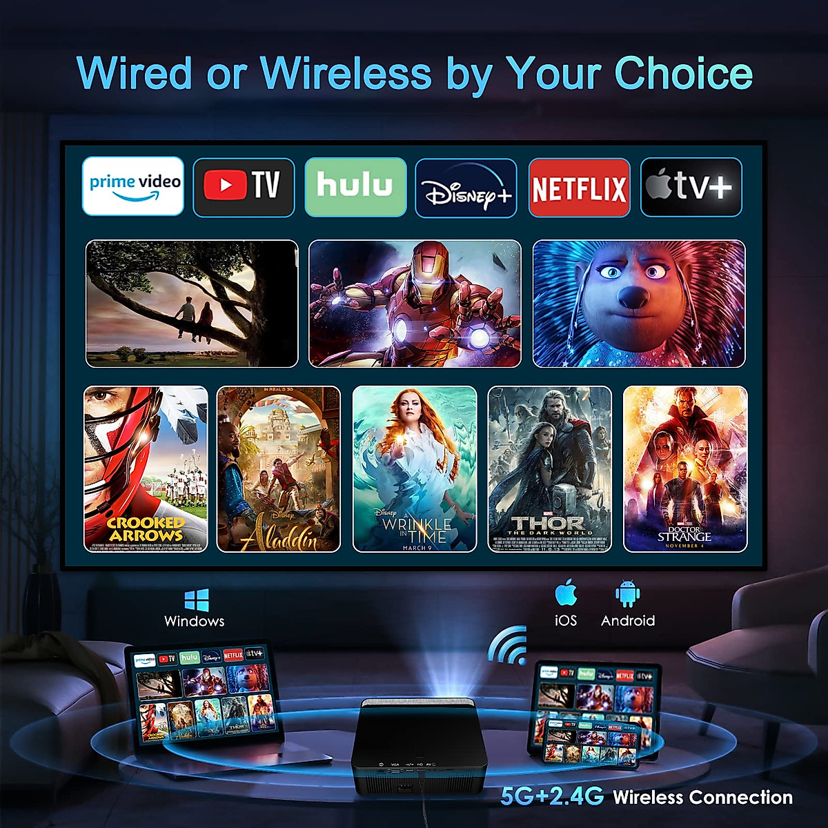 [2023 Updated] Projector with 5G WiFi and Bluetooth, GINCSRI 16000L Native 1080P Full HD Outdoor Portable Movie Projector 4k Support, 4D Keystone Infinite Zoom, Compatible with TV Stick/Phone/PC/PS5