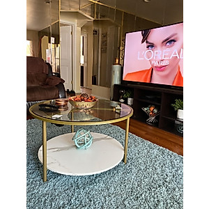 Moncot Round Coffee Table Small Coffee Table with Glass Top and Walnut Wood Shelf Modern Center Table with Metal Frame for Living Room
