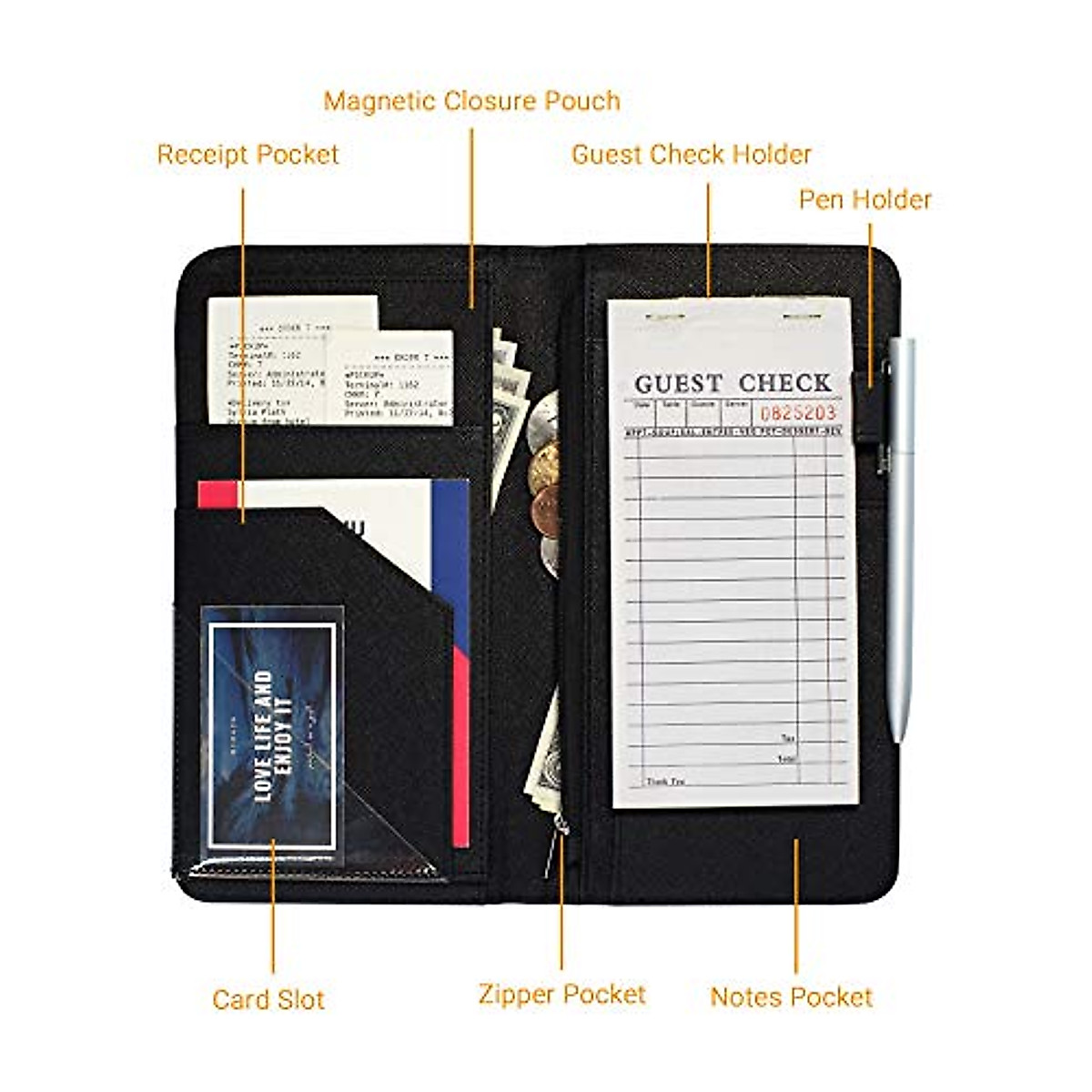 Server Book with Zipper Pocket and Magnetic Closure Server Booklet Waitress Book Serving Book with Money Pocket Waitstaff Organizer Fit Server Apron Waiter Book Wallet High Volume Pocket