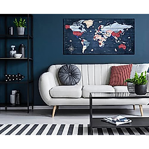 Blue World Map Wall-Art For Office - Large World Maps For Wall - Canvas Wall Art Stretched and Framed Ready to Hang Size 40" x 20"