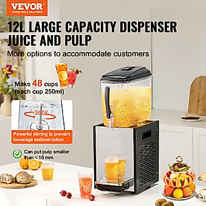 VEVOR Commercial Beverage Dispenser, 12 L / 12.7 QT Juice Dispenser, 246W 304 Stainless Steel Food Grade Ice Tea Drink Machine with 45°F-54°F Cooling Temperature, for Cold Drink Restaurant Bar Party