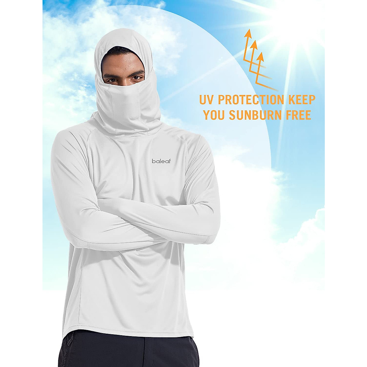 BALEAF Mens Shirt, Sun Protection Hoodie UPF 50+ UV SPF T-Shirts with Mask Rash Guard Fishing Lightweight, 03-White, Large, Long Sleeve