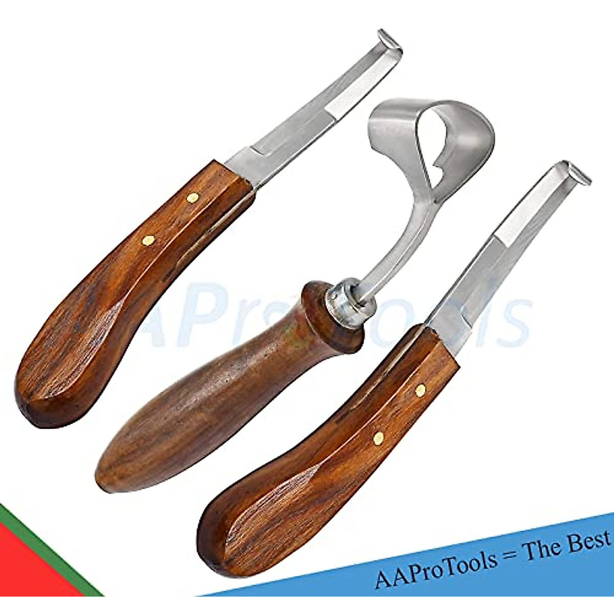 AAProTools Hoof Knife 3 Piece Set Sharpener Right & Left Handed Double Edge Swiss Hoof Knife Farrier Horses Goats Pick Trimming Knives Wooden Handle