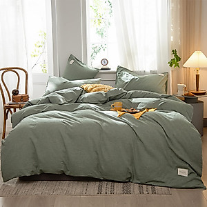 OS OMYSTYLE Sage Green Duvet Cover King Size 100% Washed Cotton Linen Like Textured for All Seasons, 3 Pieces Ultra-Soft Solid Color Bedding Set with Zipper Closure, 1Pc Duvet Cover 2Pcs Pillowcases