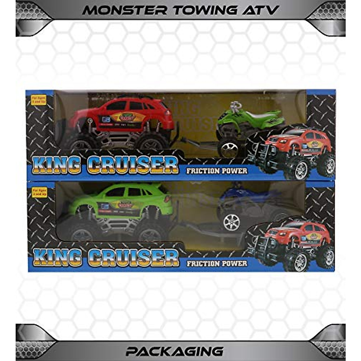 Mozlly Friction Powered Monster Trucks Car Toy SUV Towing ATV Toys Set of 2 - Monster Truck with Trailer ATV Toys for Fun Playtime Indoor or Outdoor - 2 Pack