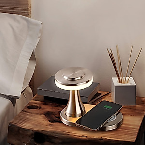O’Bright - Portable LED Table Lamp with Wireless Charging Pad, Dimmable and Rechargeable Night Lamp, Ambient Light for Patio/Restaurant/Nursery, Bedside Nightstand Lamp, Brushed Nickel