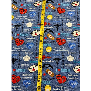 SYKEL ENTERPRISES Nurse Hero on Denim Design Quilting Cotton Fabric, 44 inches Wide, 100% Cotton, Sold by Yard, Blue, Plain, Angle Collection