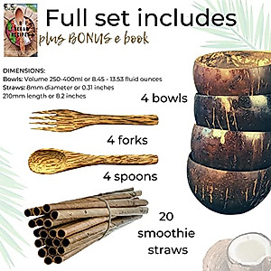 Coconut Bowl with Natural Wooden Spoons (Set of 4), Includes Disposable Drinking Straws - Vegan Organic. Plus BONUS Recipe