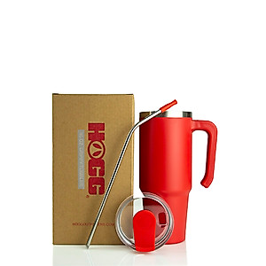 Hogg 30oz Grippy Tumbler with Removable Handle, Lid, and Stainless Steel Straw, DIY, Customizable, Double Wall Insulated Tumblers (Red)