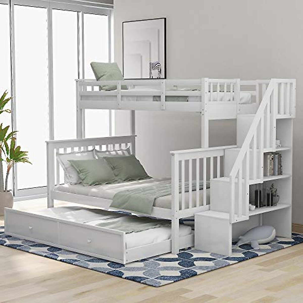 Polibi Twin-Over-Full Stairway Bunk Bed with Storage,Twin Size Trundle and Guard Rail,Bunk Bed Frame Convertible into 2 Beds for Bedroom,Dorm,or Adults,White
