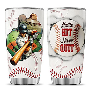 JENOIS Hustle Hit Baseball, Tumbler 20 Oz With Lid And Straw, For Fathers Cup Day Women Coffee Dad Tumblers, Baseball Gifts