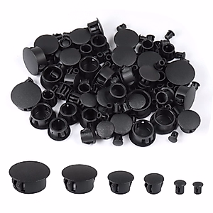 250 Pcs 6 Sizes Plastic Hole Plugs Black Round Button Plugs Locking Hole, Snap in Flush Type Screw Cap Cover Plugs Assortment for Kitchen Cabinet Furniture (19, 16, 13,10, 6, 5 mm)