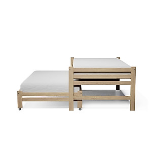 Twin XL Over Twin Size Bed Pennsylvania Wooden Wheeled Platform Bed Solid Pine Wood with Casters Unfinished with Wooden Slats Mattress Support/No Box Spring Needed – Two Beds Set