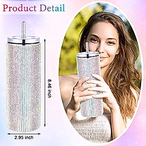 Rtteri 3 Pcs Rhinestone Water Bottle AB Color Diamond Glitter Tumbler Insulated Bling Tumbler with Chain Bling Cup with Lids Stainless Steel Rhinestone Tumbler Diamond Thermal Mug Set for Women Girl