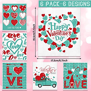 Whaline Valentine's Day Swedish Kitchen Dishcloth Blue Red Dish Towel Truck Love Heart Gnome Prints Valentine Hand Drying Tea Towel for Wedding Anniversary Cooking Baking, 6.7 x 7.7 in, 6Pcs