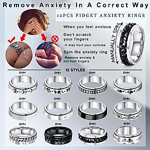 VALDEAS 12Pcs Stainless Steel Fidget Band Rings Anxiety Rings Size 6
